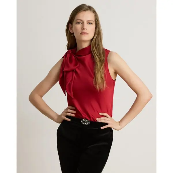 Ralph Lauren Tie-neck Charmeuse Sleeveless Blouse