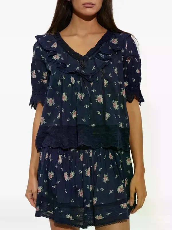 LoveShackFancy Romilly Floral-print Ruffled Blouse - Blue