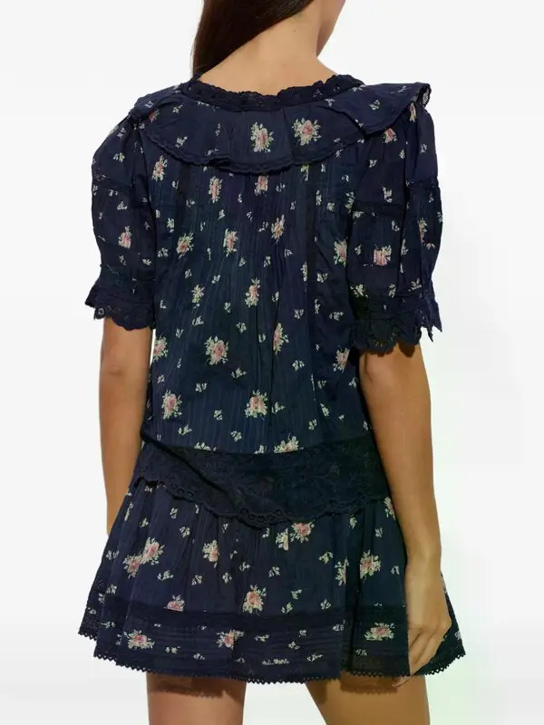 LoveShackFancy Romilly Floral-print Ruffled Blouse - Blue
