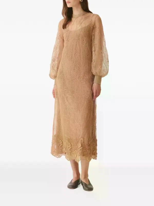 Fabiana Filippi Floral-embroidered Mesh-overlay Midi Dress - Neutrals