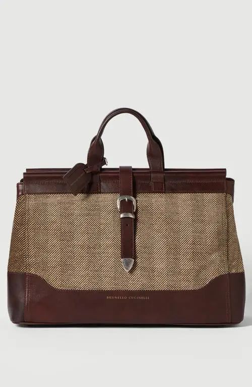 Brunello Cucinelli Burnished Calfskin And Chevron-effect Techno Fabric Doctor Bag