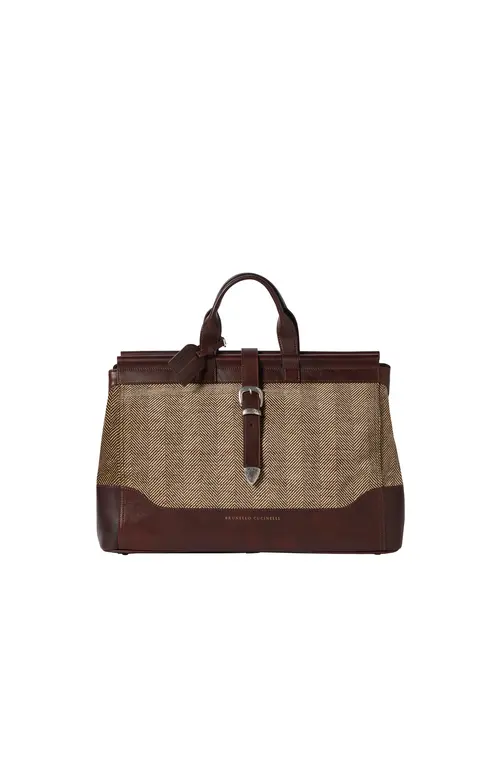 Brunello Cucinelli Burnished Calfskin And Chevron-effect Techno Fabric Doctor Bag