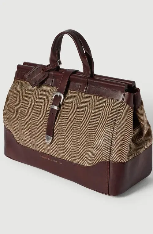 Brunello Cucinelli Burnished Calfskin And Chevron-effect Techno Fabric Doctor Bag