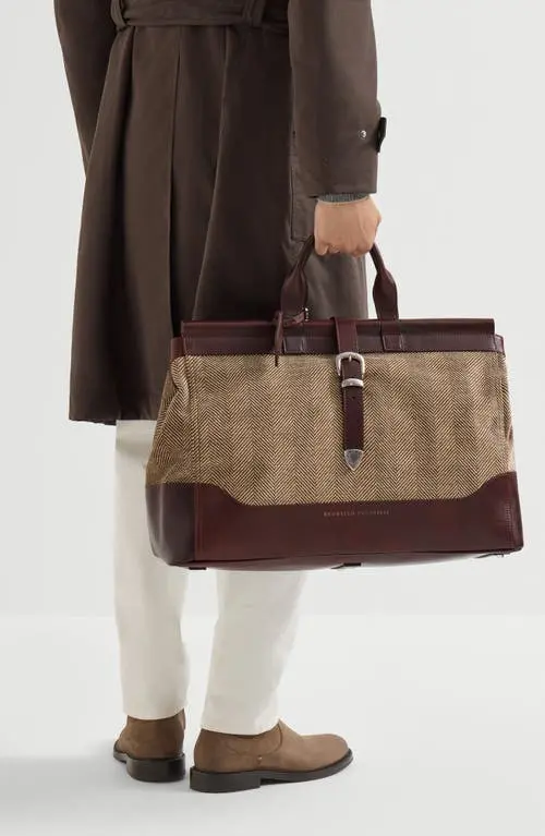 Brunello Cucinelli Burnished Calfskin And Chevron-effect Techno Fabric Doctor Bag