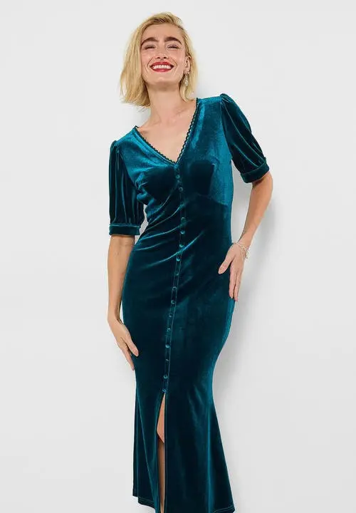 JOE BROWNS Stretch Velvet Fluted Midi Dress - Teal