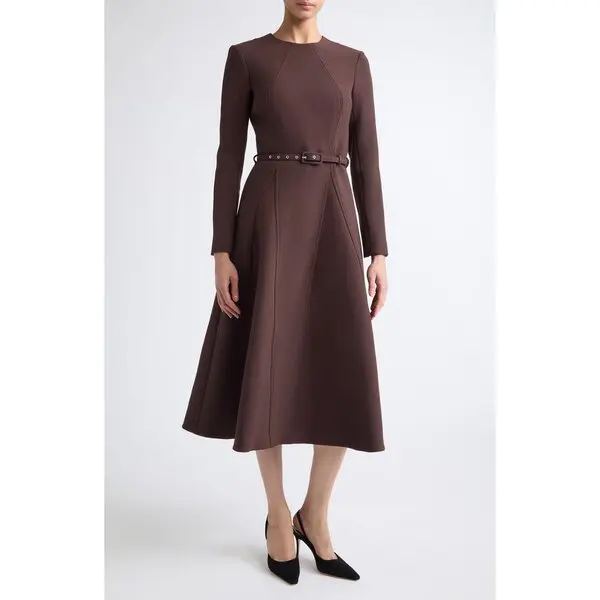 EMILIA WICKSTEAD Olivienne Long Sleeve Stretch Bird's Eye Midi Dress - Chocolate