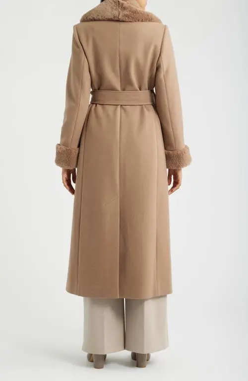 Via Spiga Faux Fur Trim Belted Coat - Latte