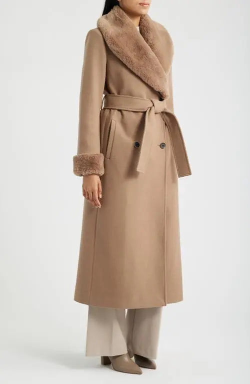 Via Spiga Faux Fur Trim Belted Coat - Latte