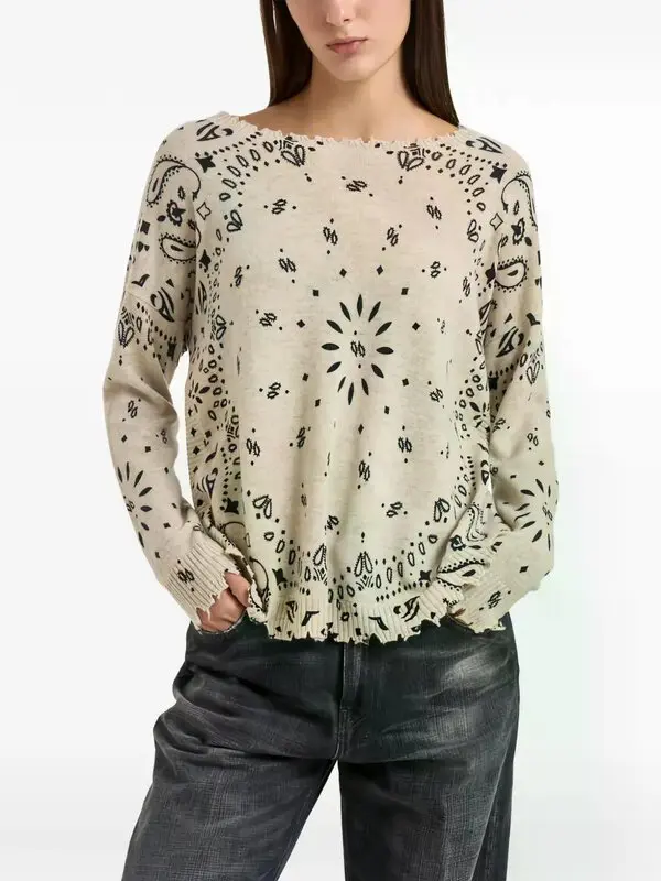 KUJTEN Bandana-print Distressed-finish Sweater