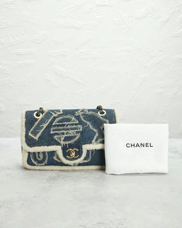 FWRD RENEW Chanel Denim &amp; Shearling Paris-egypt Hieroglyph Flap Bag