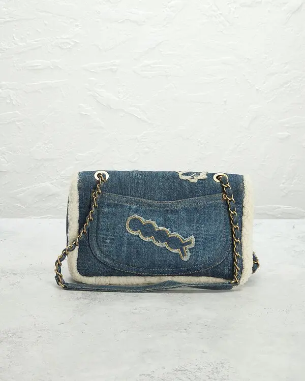 FWRD RENEW Chanel Denim &amp; Shearling Paris-egypt Hieroglyph Flap Bag