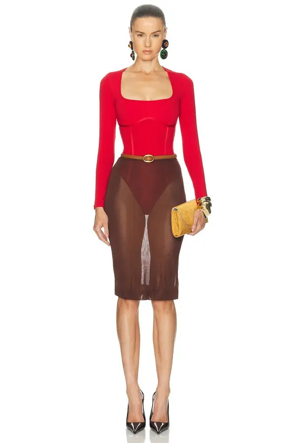 FLEUR DU MAL Scoop Neck Long Sleeve Bodysuit - Rouge