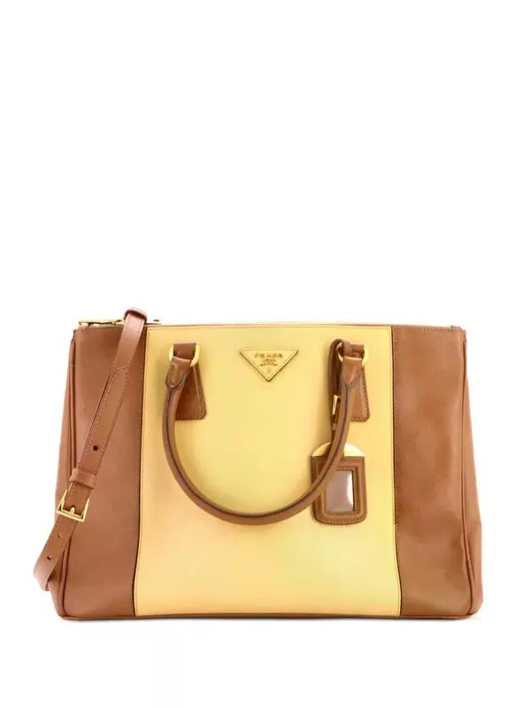 Prada Bicolor Double Zip Lux Saffiano Leather Medium Tote Bag - Brown