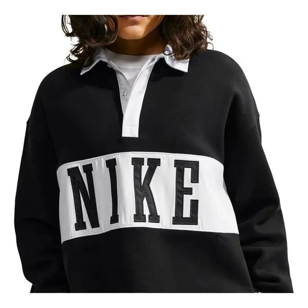 Nike Studio Fleece Medium Weight Oversized Rugby Sweatshirt 'total Black Sail - Total Black/sail