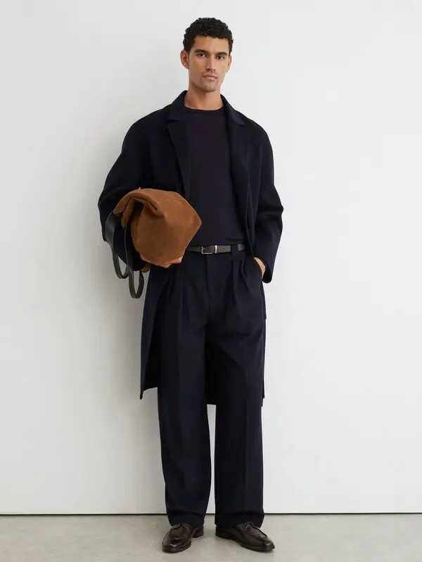 REISS Farrel Wool-blend Flannel Relaxed-fit Pleated Trousers - Navy