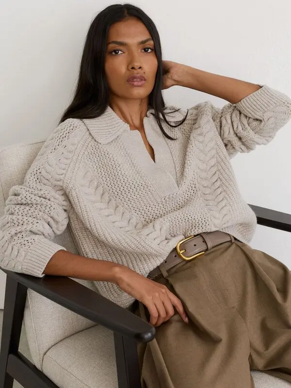 REISS Auriele Wool Cable-knit Open-collar Jumper