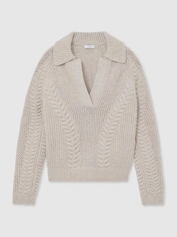 REISS Auriele Wool Cable-knit Open-collar Jumper