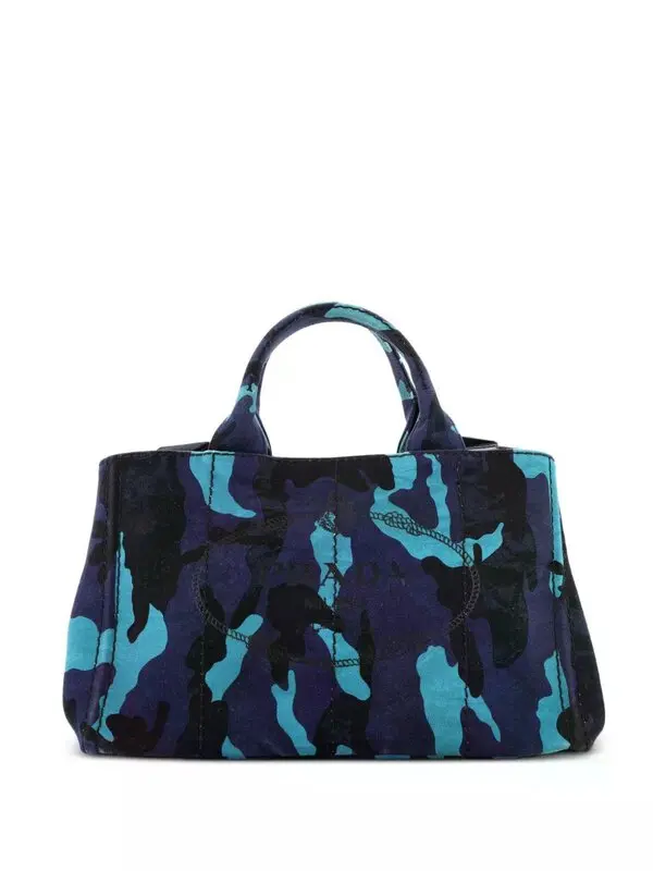 Prada Canapa Convertible Printed Canvas Medium Tote Bag - Blue