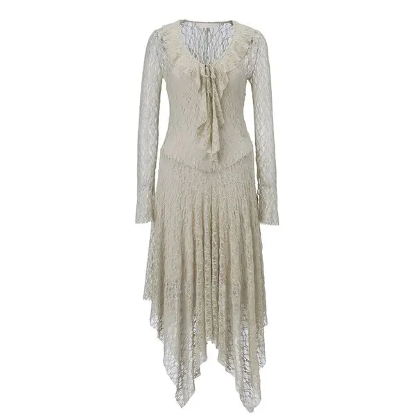 BELSIZE25 Neutrals / Sage Dress – Stretch Lace Asymmetric Hem Midi Dress - White