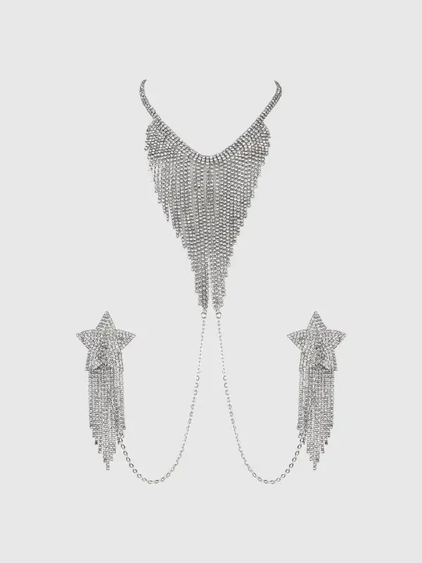 Frederick's Of Hollywood Ziggy Rhinestone Neck Halter And Pasties - Silver