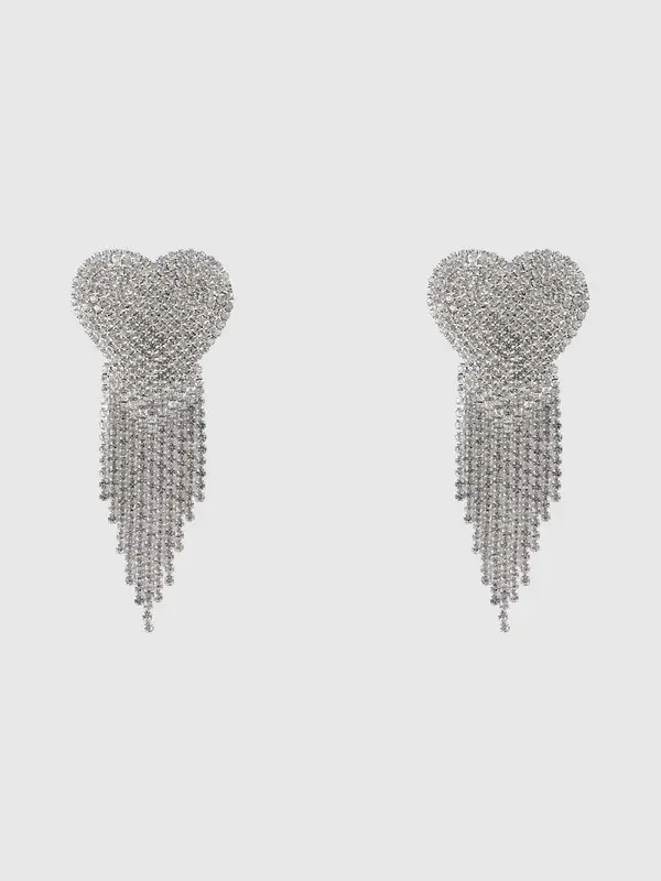 Frederick's Of Hollywood Ziggy Rhinestone Fringe Heart Pasties - Silver