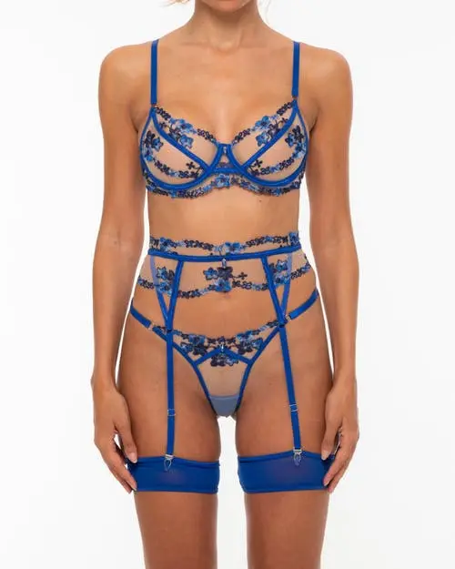 One Empire Aurora Sheer Embroidered Mesh Three-piece Lingerie Set
