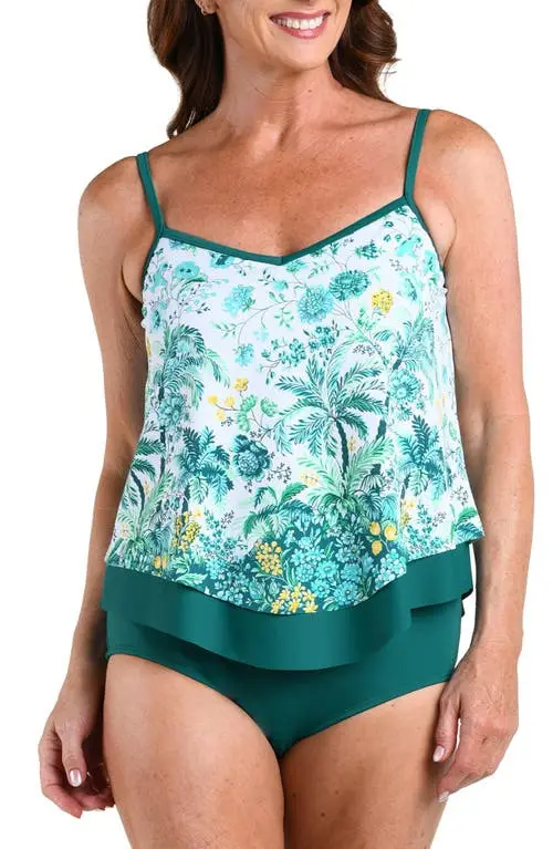 MAXINE OF HOLLYWOOD Picturesque Palm Flutter Hem Tankini Swim Top - Jungle
