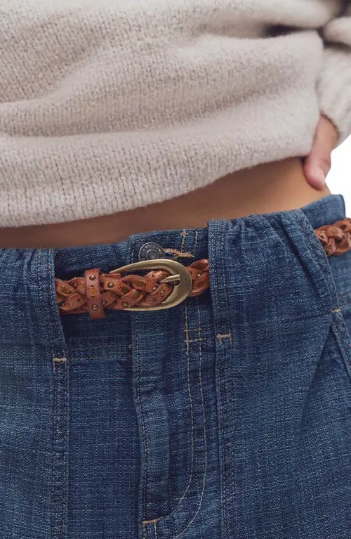 Free People Sol Slim Studded Leather Belt - Cognac