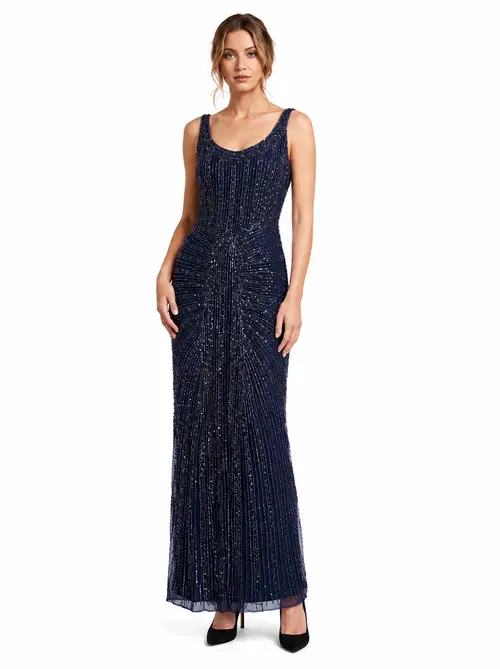 LARA NEW YORK Beaded V-neck Gown - Navy