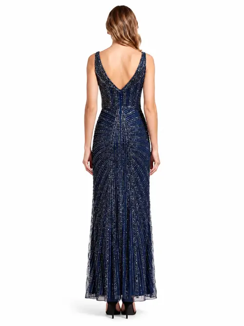 LARA NEW YORK Beaded V-neck Gown - Navy