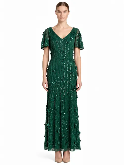 LARA NEW YORK 3d Floral Embellished Gown With Cape Sleeves