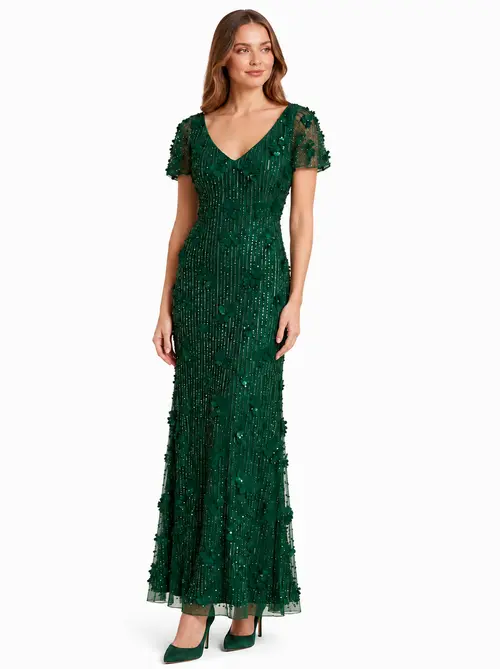 LARA NEW YORK 3d Floral Embellished Gown With Cape Sleeves