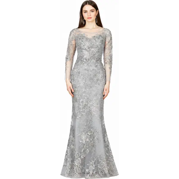 LARA NEW YORK High Neck Long Sleeve Fitted Lace Gown - Thistle