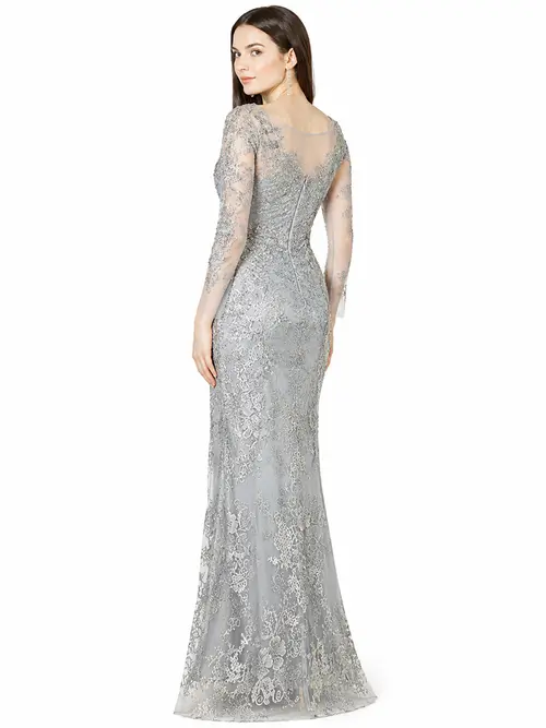 LARA NEW YORK High Neck Long Sleeve Fitted Lace Gown