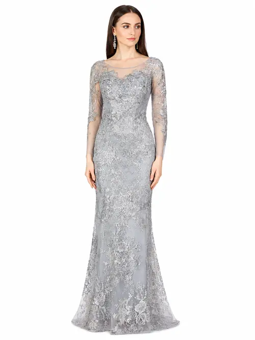 LARA NEW YORK High Neck Long Sleeve Fitted Lace Gown