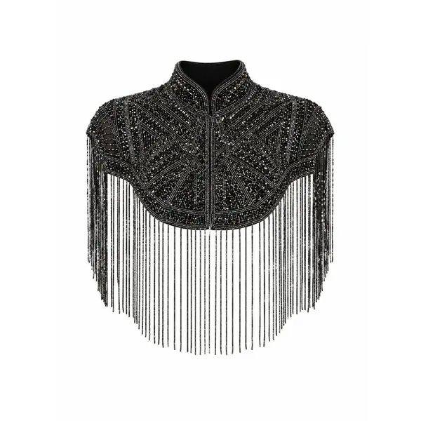 ROSE & NANCY Bonnie Hand Embellished Silver Fringe Cape Top
