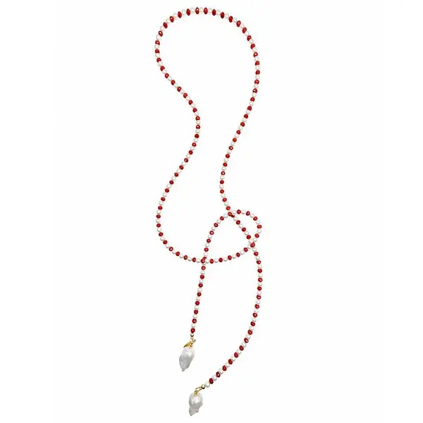 FARRA Freshwater Pearl & Red Bamboo Coral Convertible Lariat Necklace - Pink