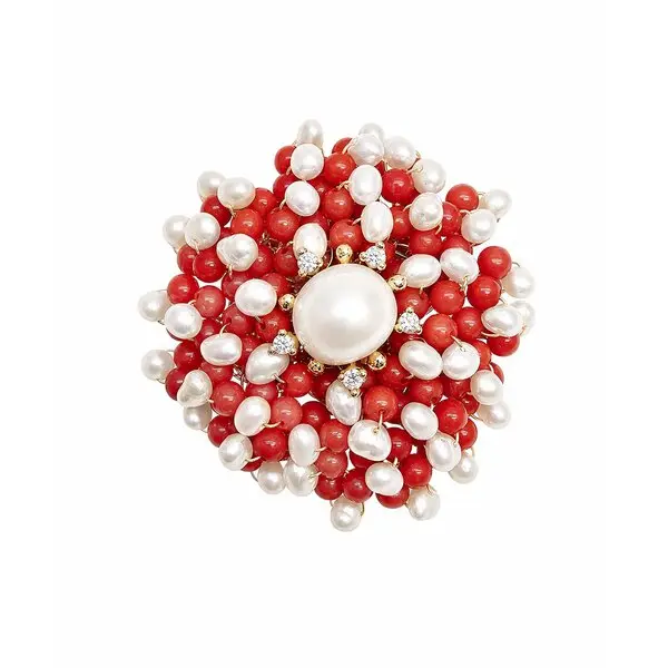 FARRA Flower Handcrafted Bamboo Coral And Freshwater Pearl Brooch