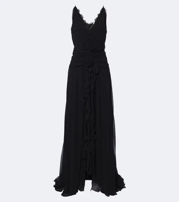 Blumarine Floral-appliqué Ruffled Georgette Gown - Black
