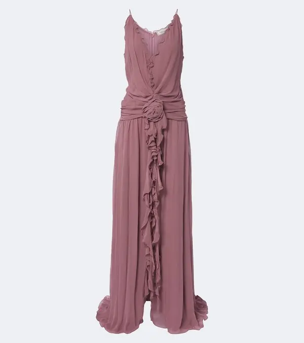 Blumarine Floral-appliqué Ruffled Georgette Gown - Pink