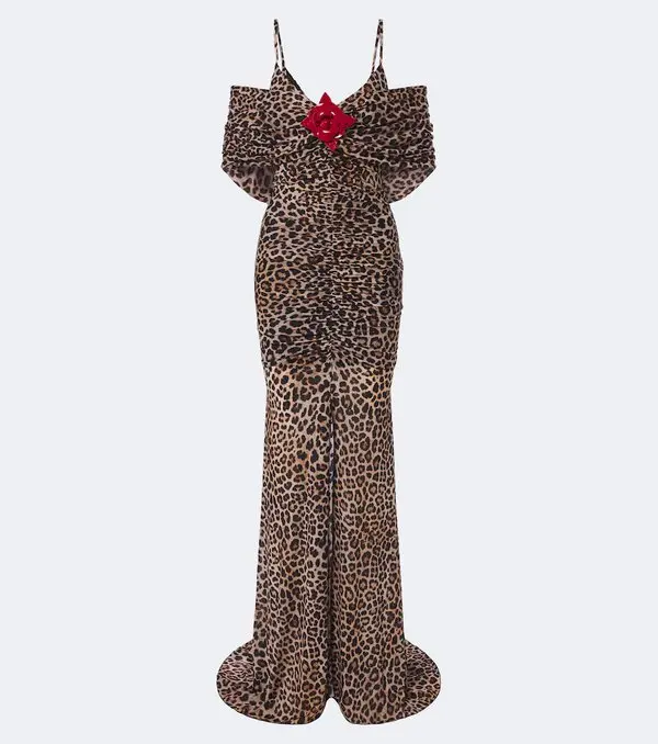 Blumarine Floral-appliqué Leopard-print Jersey Maxi Dress
