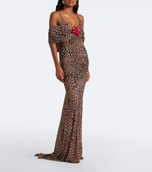 Blumarine Floral-appliqué Leopard-print Jersey Maxi Dress