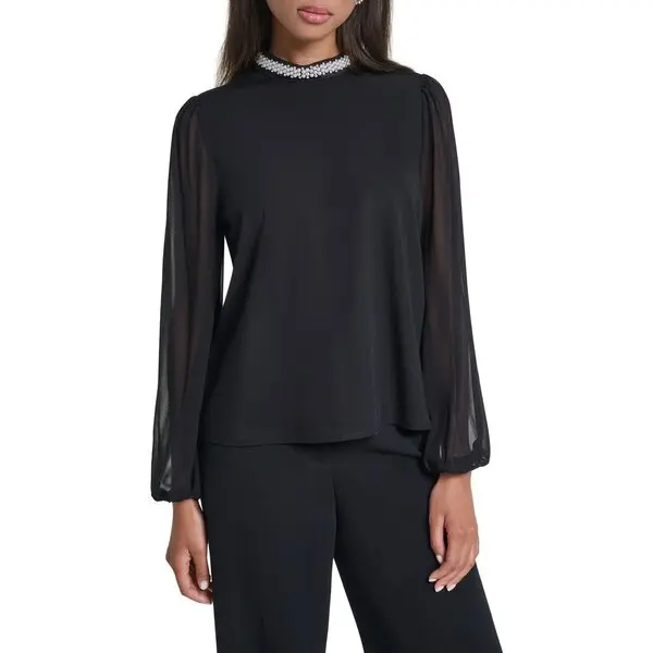 Karl Lagerfeld Paris Pearl Neck Knit Top - Black
