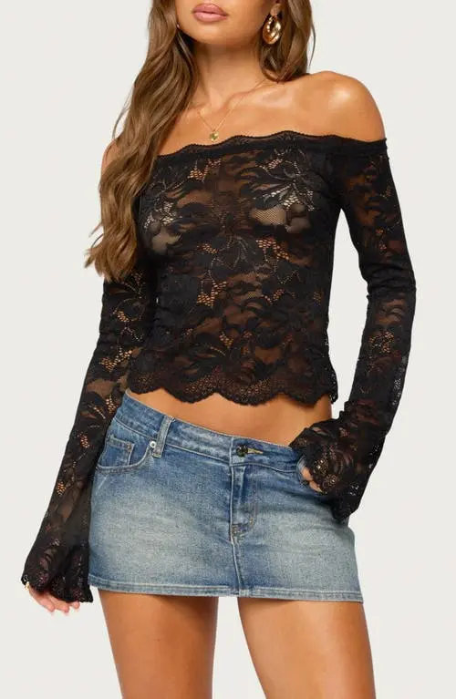 EDIKTED Jasha Lace Off The Shoulder Crop Top