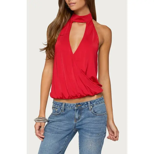 EDIKTED Lizah High Neck Cutout Wrap Top