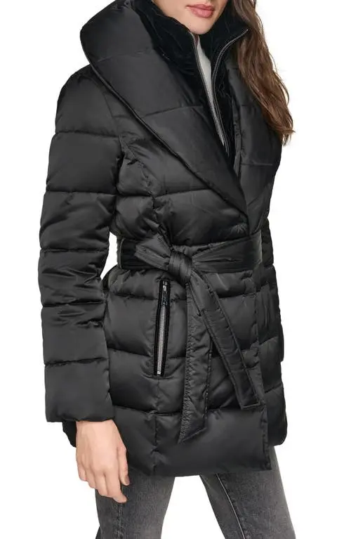Andrew Marc Zamora Shawl Collar Belted Puffer Coat