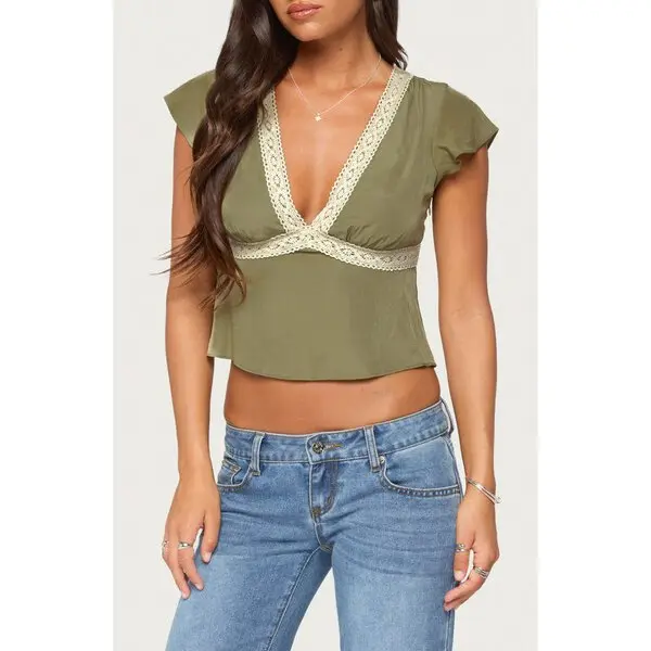 EDIKTED Kaela Lace Trim Flutter Sleeve Top