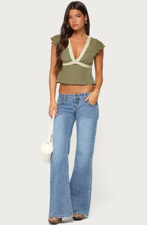 EDIKTED Kaela Lace Trim Flutter Sleeve Top