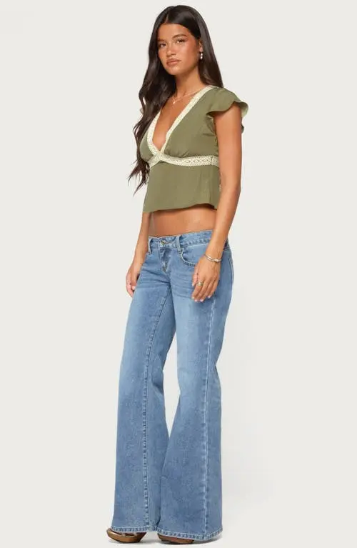 EDIKTED Kaela Lace Trim Flutter Sleeve Top