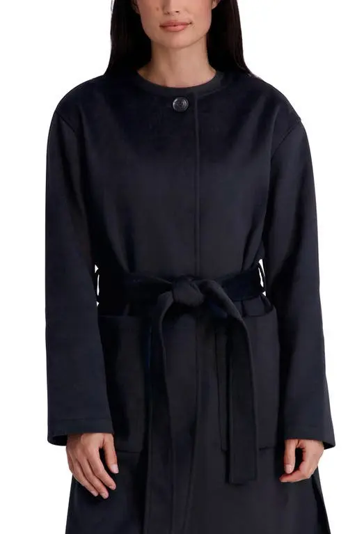 KENNETH COLE Jewel Neck Wool Blend Wrap Coat - Black